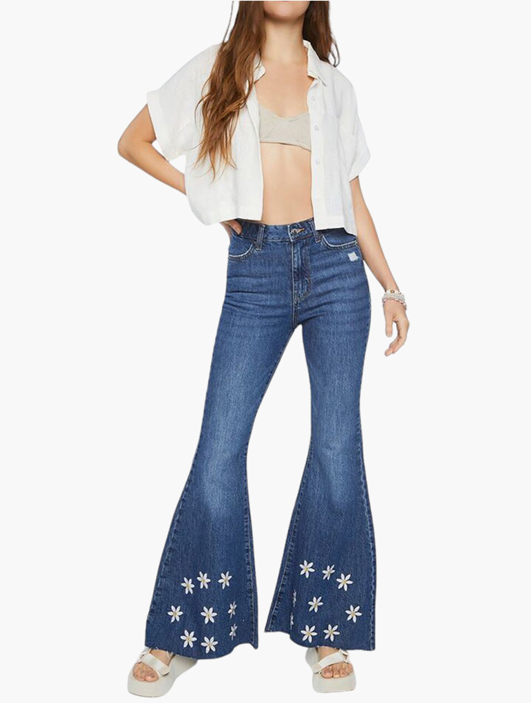 MyRunway | Shop Forever 21 Medium Blue Embroidered Floral Flare Jeans for Women from MyRunway.co.za